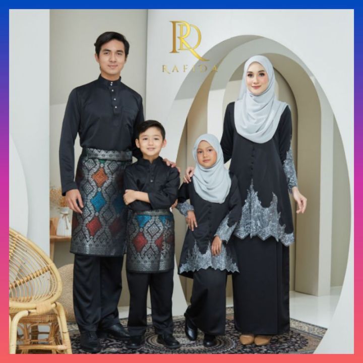 BAJU RAYA 2024 SEDONDON IBU AYAH ANAK SET RAYA 2024 BLACK RAFIDA | Lazada