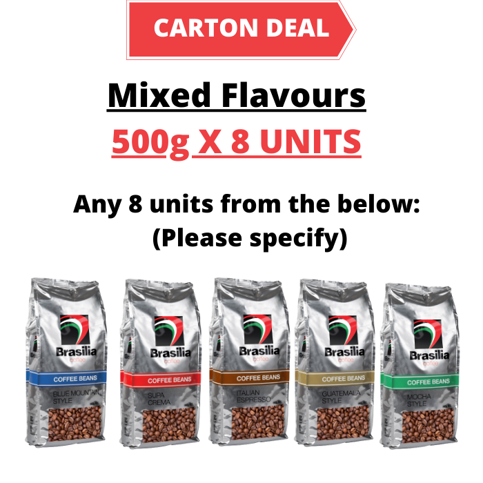 Carton Deal - Brasilia Coffee Beans Mixed Flavours 500g x 8 Units, 100% ...