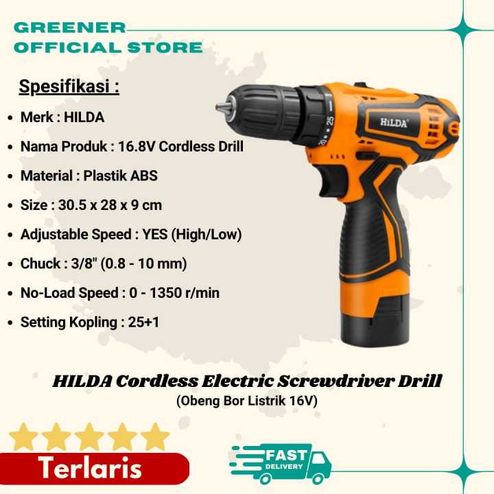 HILDA Cordless Electric Screwdriver Drill Obeng Bor Listrik 16V ...