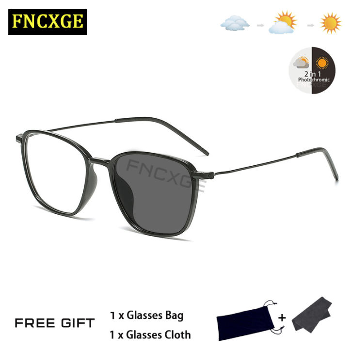 FNCXGE แว่นสายตาสั้นเลนส์ออโต้ 1.0 ถึง -4.0 ผู้ชาย ผู้หญิง แฟชั่น สไตล์วินเทจ กรองแสงคอม ป้องกัน ...