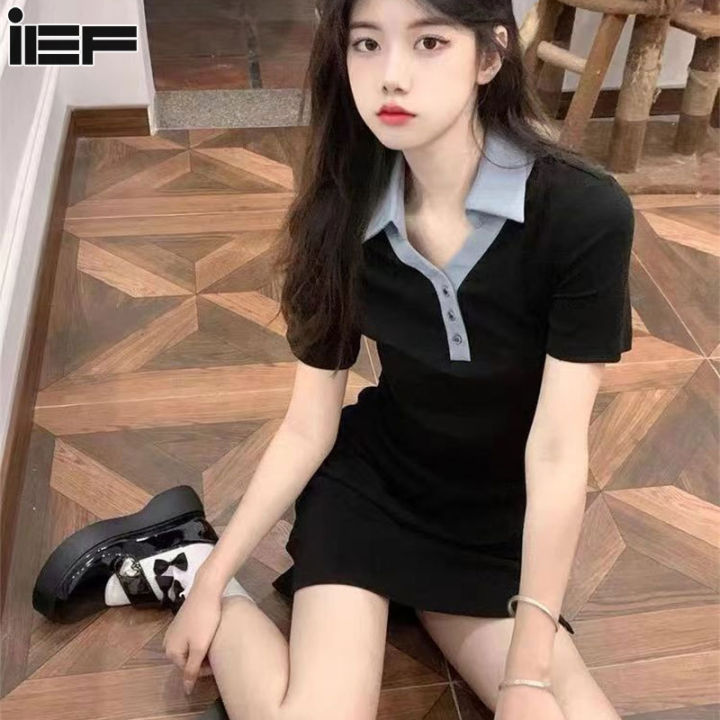 IEF ชุดเดรสคอโปโลผู้หญิงชุดสีดำกระโปรงยาวผ่า | Lazada.co.th