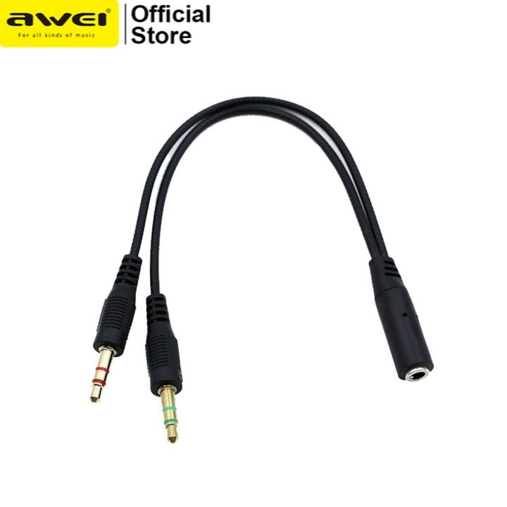 Awei AUX-002 3.5mm Headset Microphone 2 in 1 Audio Splitter AUX Cable For Desktop Laptop ...