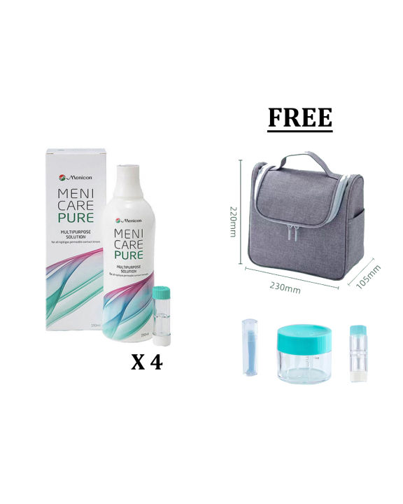 Menicon MeniCare Pure Set (Twin Pack x 2 [4 bottles] + 1 FREE Bag) - GP ...