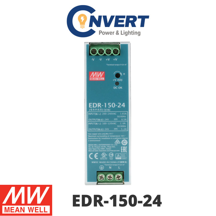 Mean Well EDR-150-24 (EDR-150) DIN RAIL Switching Power Supply AC/DC 24Vdc - 156W 24V 6.5A/230V ...