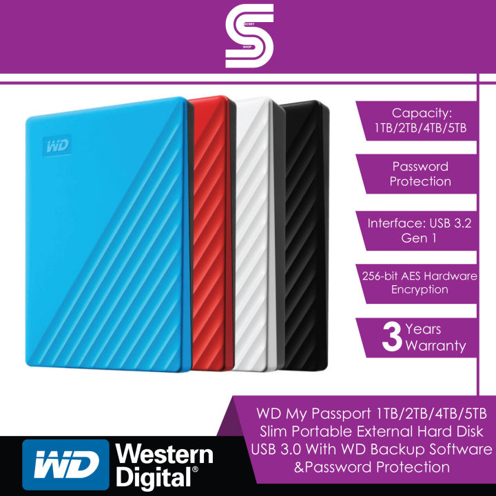 WD My Passport 1TB/2TB/4TB/5TB Slim Portable External Hard Disk USB 3.0 With WD Backup Software ...