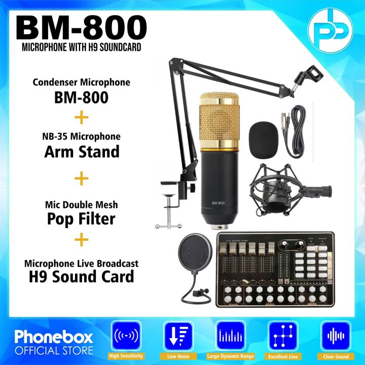 PHONEBOX BM-800 Condenser Microphone Kit Karaoke Wired Sound Recording Microphone Mic (FULL SET ...