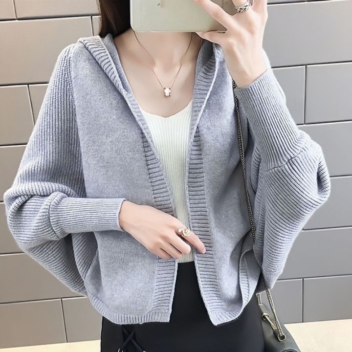 Fashion Women’s Knitted Hooded Cardigan Bat Long Sleeve Plain Loose ...