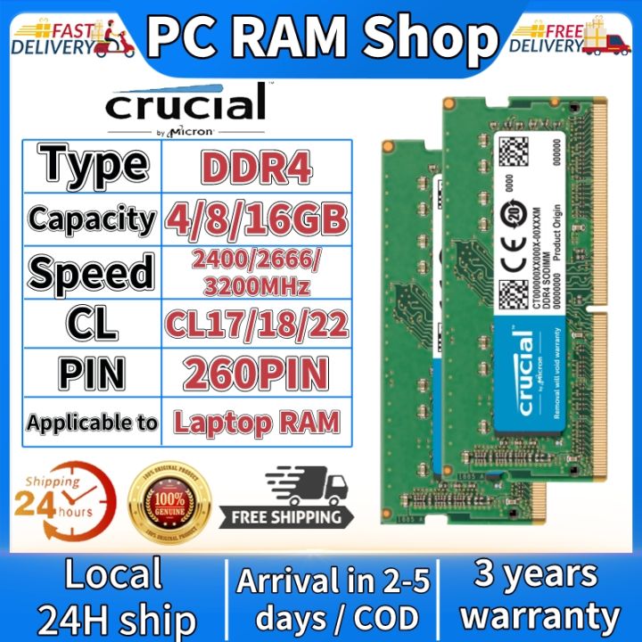 【Local 24H ship】Crucial DDR4 RAM 8GB 4GB 16GB 2400/2666/3200Mhz PC4-19200/21300/25600 SODIMM 1 ...