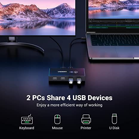 UGREEN USB Switch Selector 2 Computers Sharing 4 USB Devices USB 2.0 Peripheral Switcher Box Hub ...