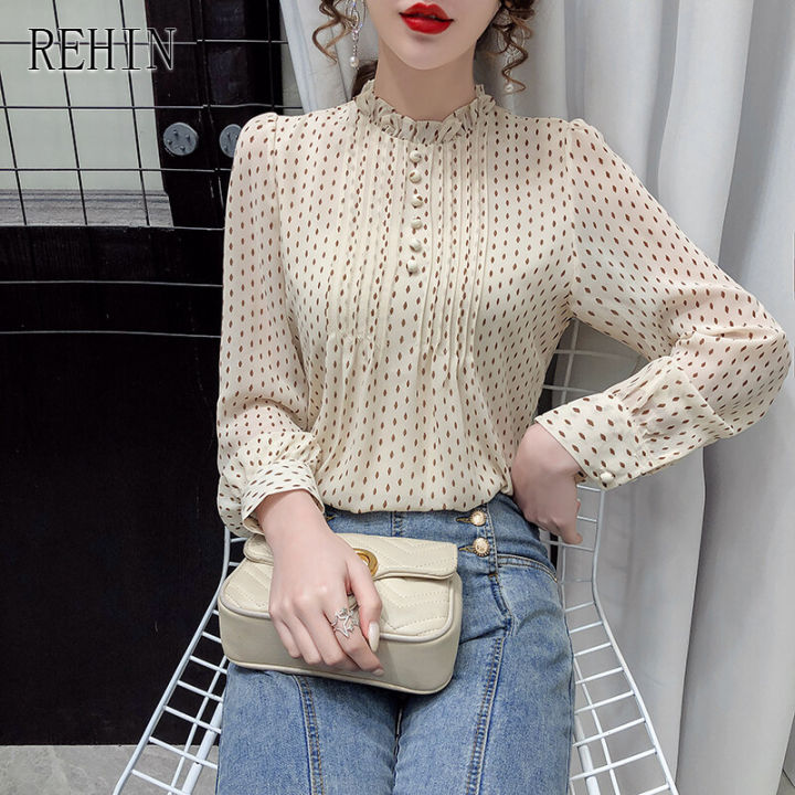 REHIN Women's top long-sleeved shirt 2022 spring new trendy chiffon ...