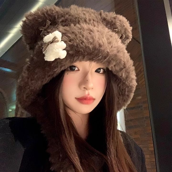 Cute Bear Ear Plush Hat for Women, 2024 Autumn Winter Versatile Warm ...