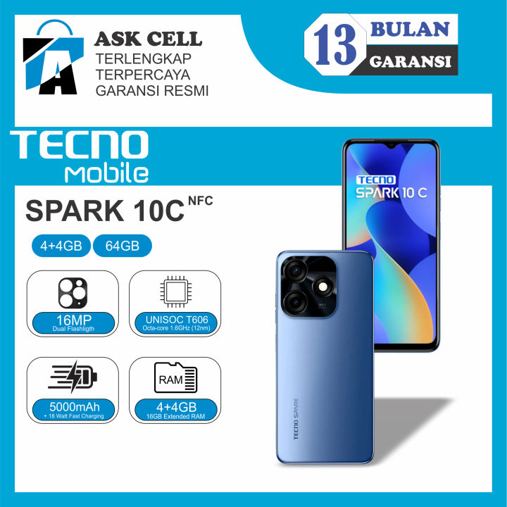 Tecno Spark 10C Ram 4+4GB Internal 64GB NFC, 16MP+AI Main Rear with Dual LED Flash+8MP Front ...