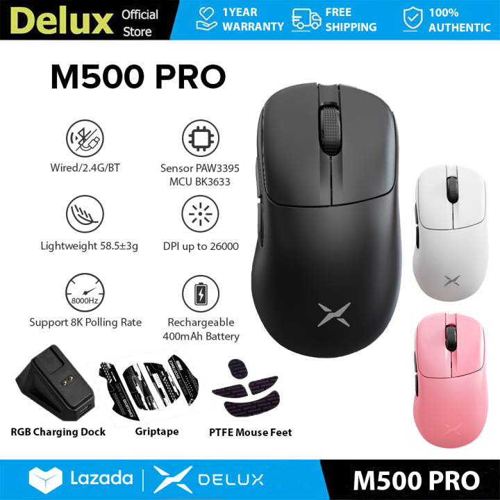 Delux M500 PRO PAW3395 Gaming Mouse DPI MAX 26000 Wired 2.4G Wireless Bluetooth Rechargeable ...