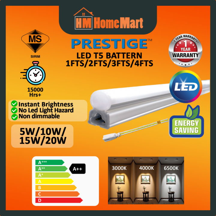 PRESTIGE T5 LED Batten 1FT/2FT/3FT/4FT (3000K/4000K/6500K) (1 Year Warranty) | Lazada