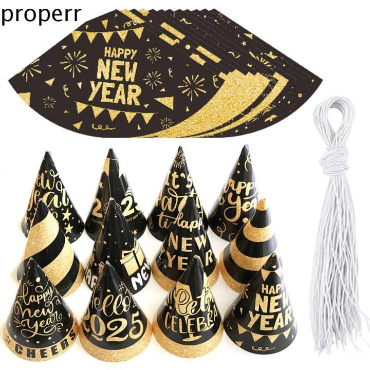 PROPERR 6pcs ดีไอวาย หมวกกระดาษสวัสดีปีใหม่ สีดำทอง งานทำมือ หมวกทรง ...