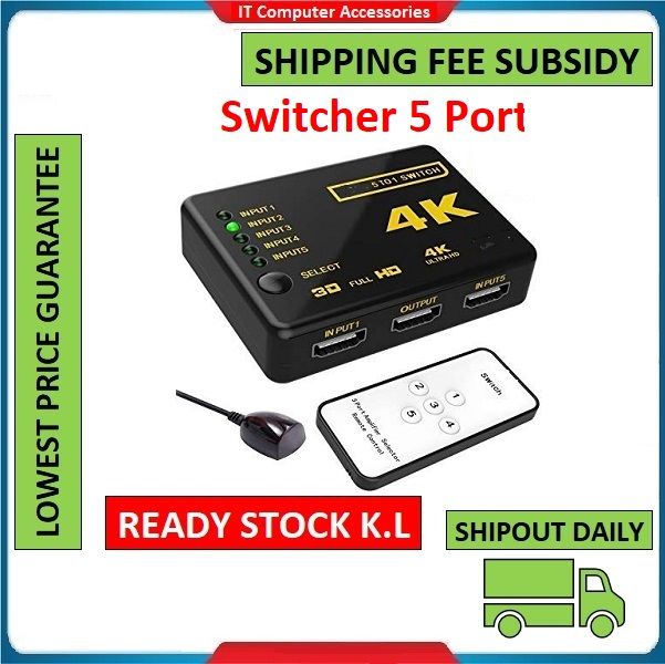 5 Port 4K HDMI Switch Selector Splitter with Remote Control IR Receiver ...