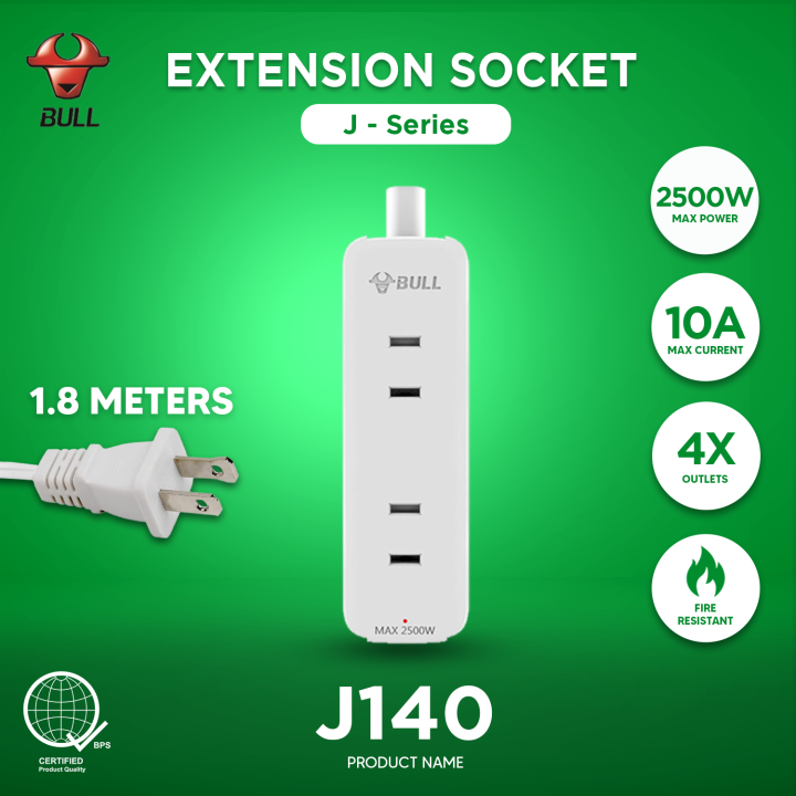Bull Extension Socket J Series J140 180cm Cable 4 Outlets 2500w 10A ...