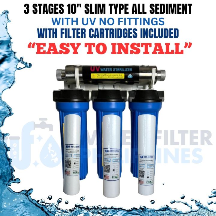 Water Filter 3 Stages 10” Slim type All Sediment with 2 GPM UV Light No ...