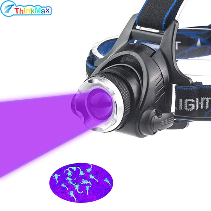 UV LED Purple Headlamp Rotating Zoom Headlight Torch Rechargeable Head ...