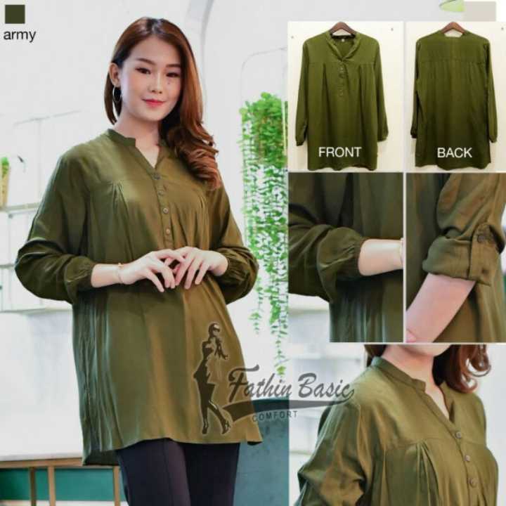 Atasan Cewek Blouse Polos Warna Army Bahan Katun Rayon Lengan Panjang ...