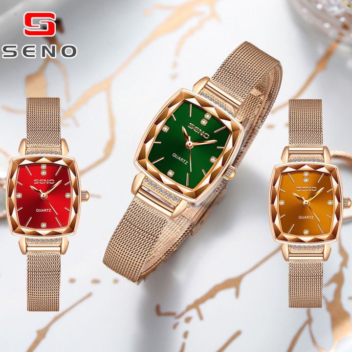 SENO Fashion Women's Watch Diamond Cut Rhombus Mirror Square Watch Mesh ...