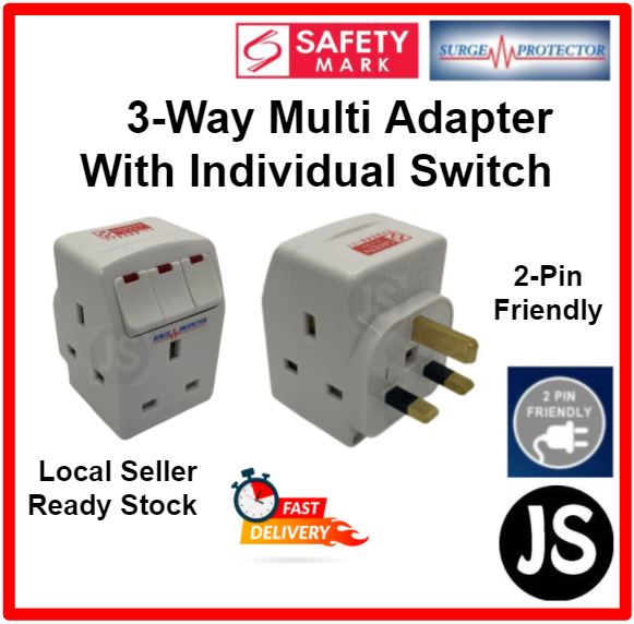 3 Way Multi-Adapter with Individual Switch, Surge Protection, Safety ...