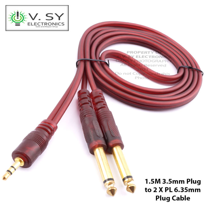 1.5M 2 Male PL 6.35mm Mono TS Plug to 1 Male 3.5mm Stereo TRS Plug ...