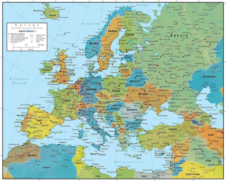 Europe Wall Map GeoPolitical Edition by Swiftmaps (18x22 Laminated ...