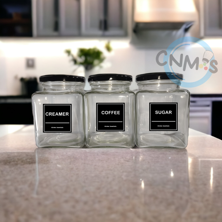 3pcs BIG JAR glass 500ml or 380ml coffee creamer sugar waterproof label ...