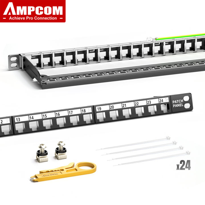 AMPCOM 24 Port Blank Keystone Patch Panel - Half U (0.5U) 19-inch ...