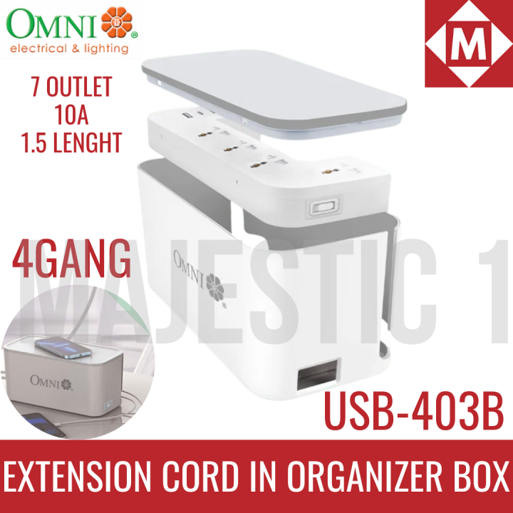 Omni Extension Cord w/ USB Charger in Organizer Box 4-Gang USB-403B ...