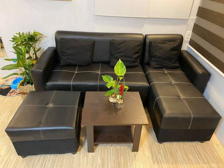 L SHAPE BLACK LEATHER SOFA WITH CENTER TABLE SALA SET URATX FOAM / COD ...