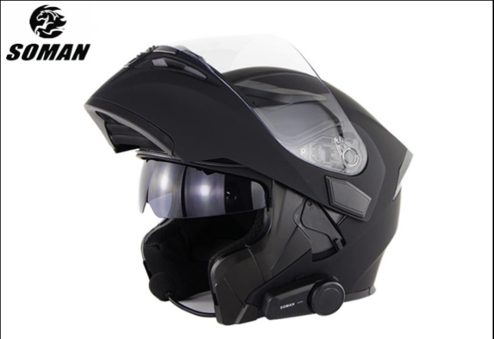 หมวกกันน็อค SOMAN - ยกคางได้ มีแว่นในตัว มาตรฐานสากล - สีดำเงา | Lazada ...