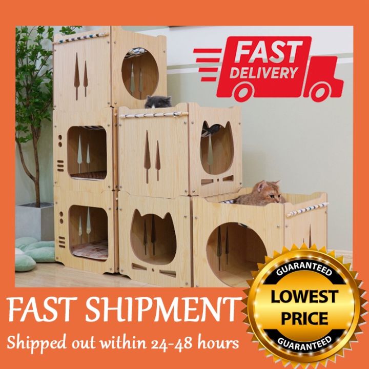 ♬READY STOCKCat House Cat Square Box Cat Wood Box Lego Cat House Wooden ...