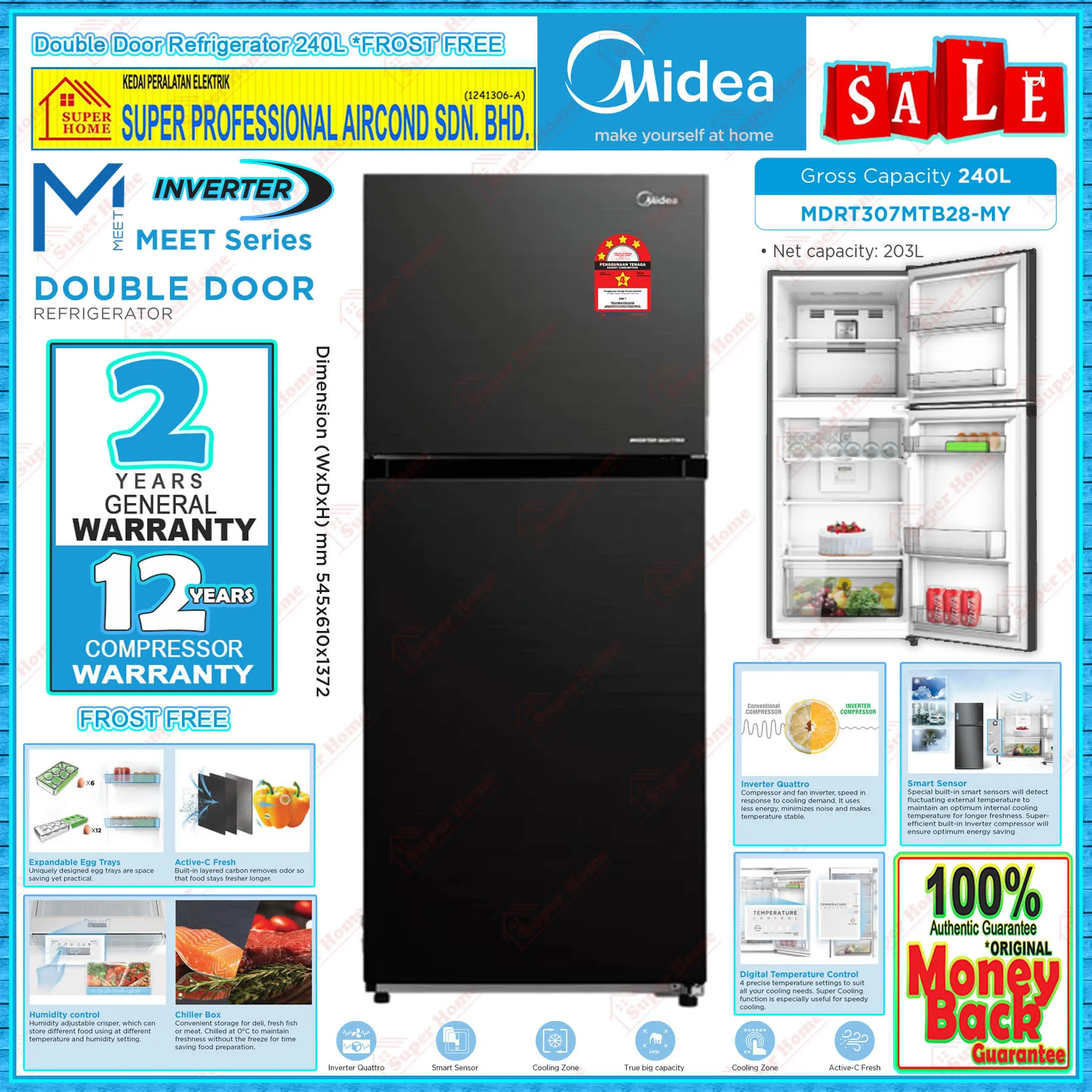 Midea Fridge MDRT307MTB28-MY 240L 2 Door Inverter Refrigerator Petaling ...