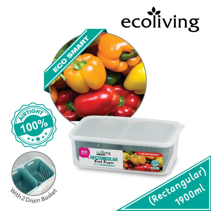 ECO LIVING 1.9/2.9LTR Rect.AirTight Freezer ECO Smart Keeper w/Drainer,Food Container,Bekas ...