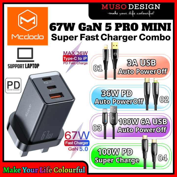 Mcdodo 67W PD GaN 5 Pro Mini Charger 2 USB-C + 1 USB-A Super Fast ...