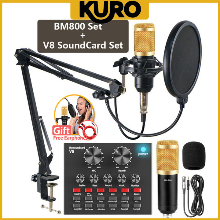 Kuro BM800 V8 Sound Card With Adjustable Microphone Condensor Recording Mic Kit Live Broadcast ...