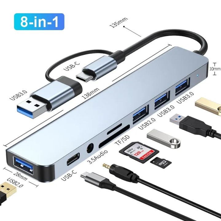 8 IN 2 ฮับ USB 3.0 ฮับ USB C Dock Station การส่งข้อมูลความเร็วสูง 5Gbps ตัวแยกสัญญาณ USB ประเภท ...