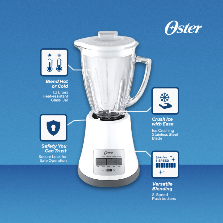 Oster 8-Speed Blender with 1.25L Heat Resistant Glass Jar, All-Metal ...