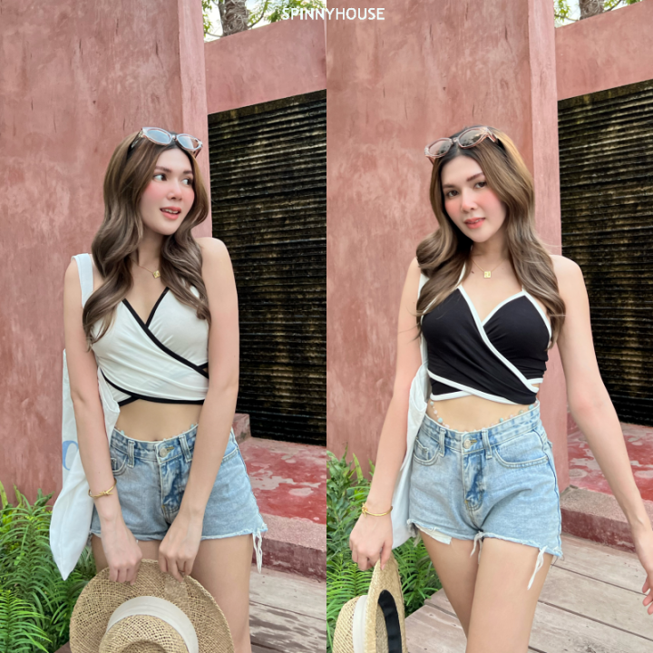 🌈SpinnyHouse🌈 เสื้อไปทะเล BIKINI ชุดว่ายน้ำ บิกินี่ ผ้าแบบเย็บประกบ เสื้อเกาหลี สายไขว้ได้หลาย ...