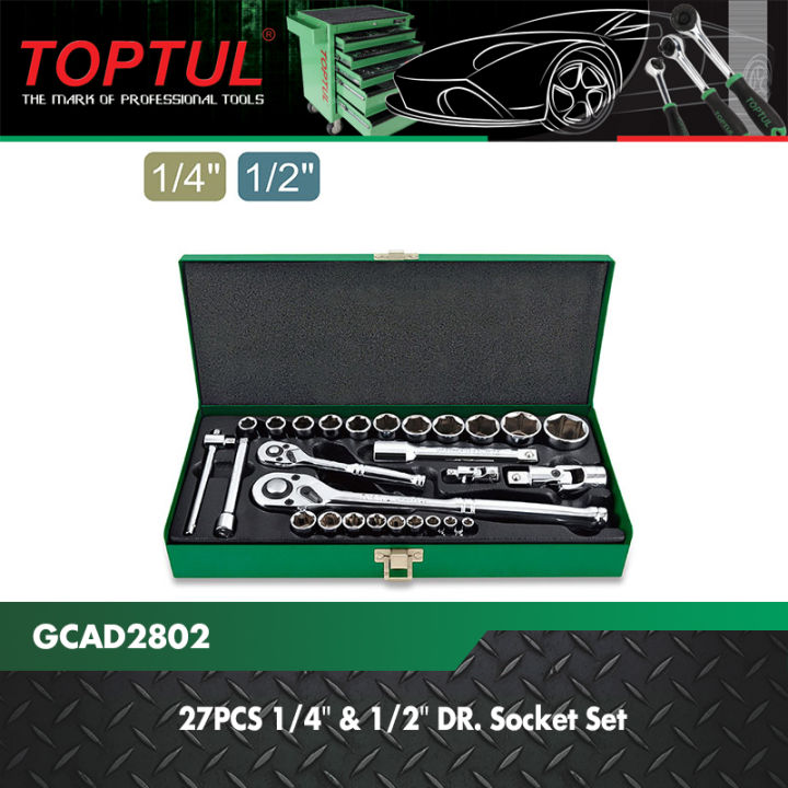 Toptul - 27 pcs 1/4" & 1/2"DR. 6PT Socket Set Mirror/ Stamping Finished ...