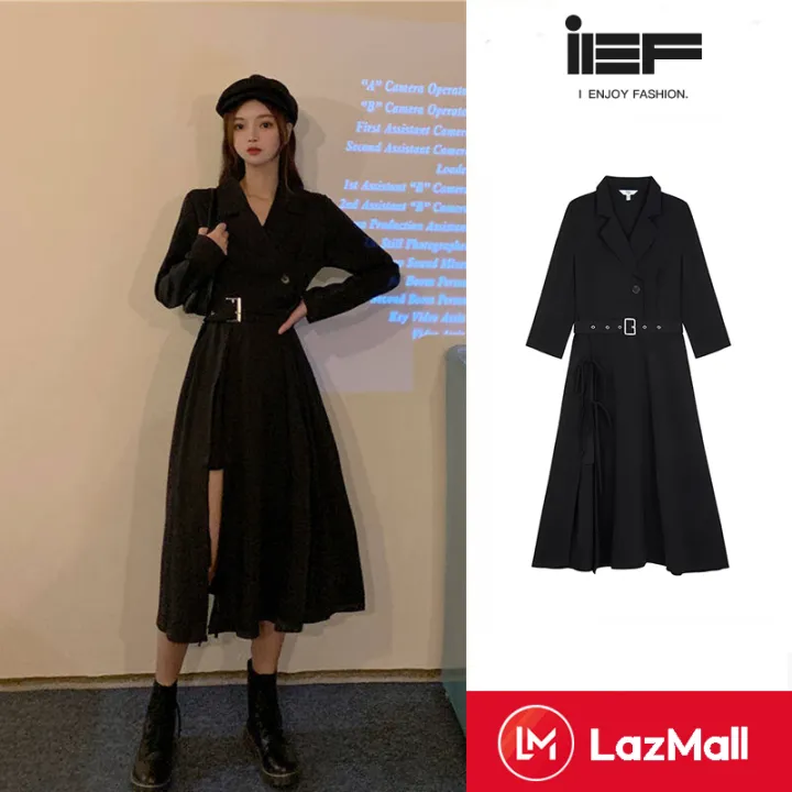 IEF 2022 new black suit collar long skirt waist slim dress | Lazada