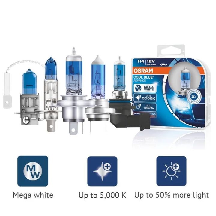 OSRAM H1 H3 H4 H7 H9 H11 9003 9005 9006 HB2 HB3 HB4 Halogen Cool Blue ...