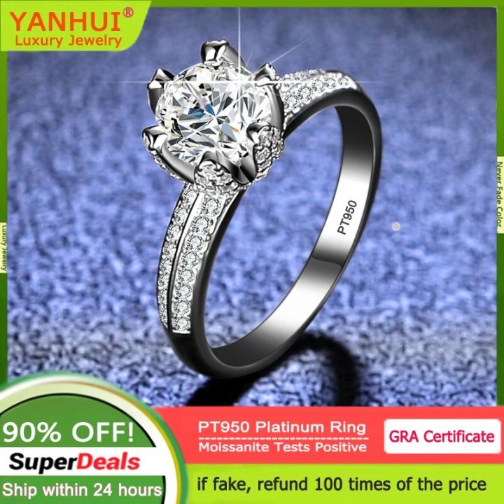 Solid PT950 Platinum 100% Moissanite Rings 1CT Brilliant Diamond Engagement Rings For Women ...