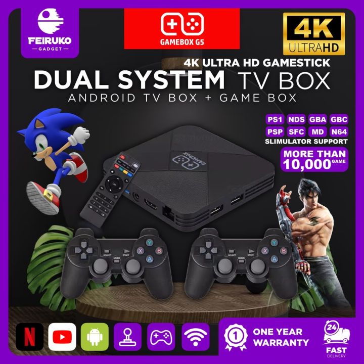 GAME BOX G5 + Android tv box With 2 in 1 Wireless Controller Gaming Console 4K HD 10000+ Retro ...