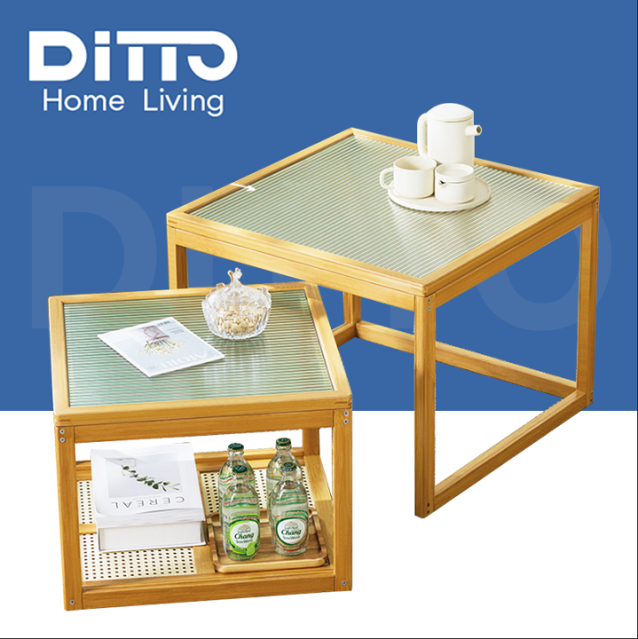 Ditto Bamboo Coffee Table Tea Desks Wood Side Table 1/2 Layers Glass ...