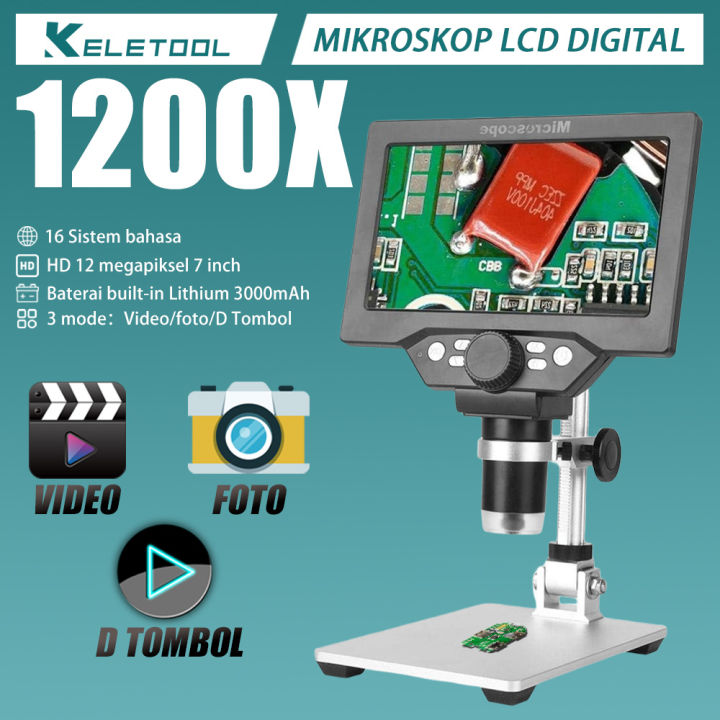 G1200 Mikroskop Digital 1200X USB dengan Monitor & Stand Kaca Pembesar ...