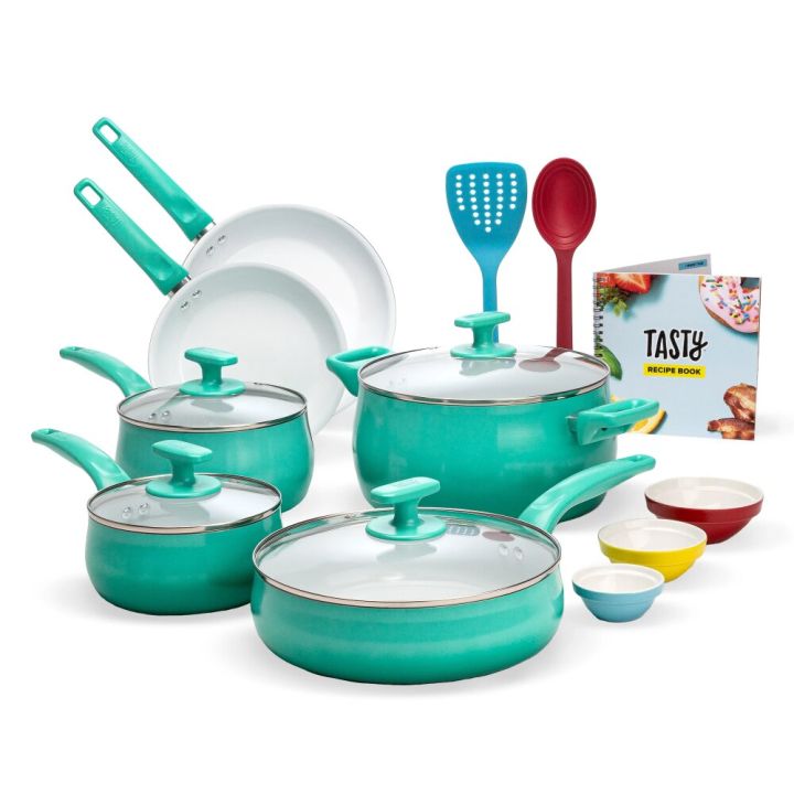 Tasty Ceramic Titanium-Reinforced Cookware Set, Ombre Green, 16 Piece ...
