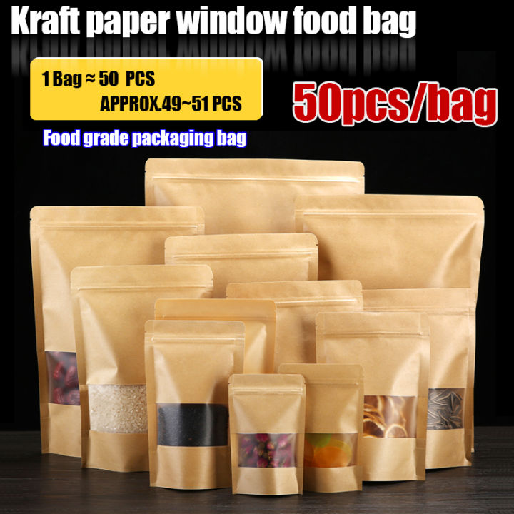 50pcs Brown Kraft paper is half transparent Stand Up Pouch Plastic ...